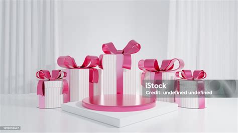 흰색 바닥과 흰색 커튼 배경에 분홍색 리본 리본이 달린 많은 선물 상자 3d 렌더링 이미지 3차원 형태에 대한 스톡 사진 및 기타 이미지 Istock