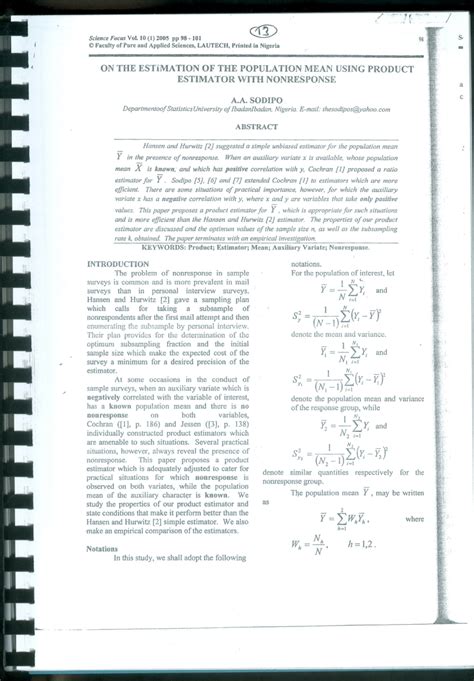 Pdf On The Estimation Of The Population Mean Using Product Estimator