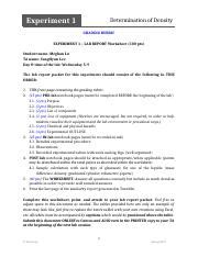 Lab Report Determination Of Density Docx Experiment Determination Of Density GRADING