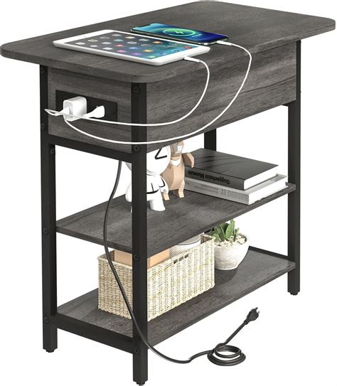Yoobure End Table With Charging Station Flip Top Side
