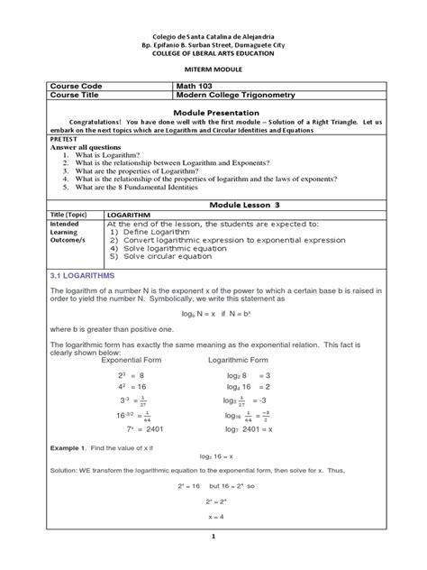 Module In Trigo Midterm Pdf Logarithm Equations