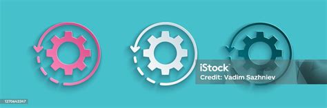 용지는 기어와 화살표를 파란색 배경에 격리된 워크플로 개념 아이콘으로 잘라냅니다 기어 재장전 기호 종이 아트 스타일 벡터 일러스트레이션 기어 기계 부분에 대한 스톡 벡터