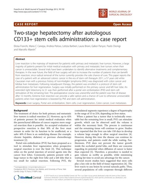 Pdf Two Stage Hepatectomy After Autologous Cd133 Stem Cells Administration A Case Report