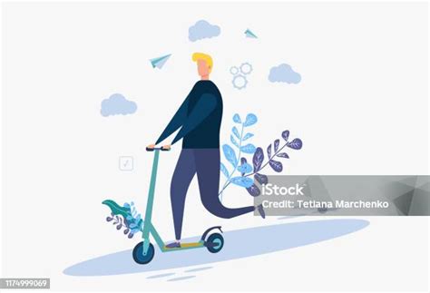 벡터 일러스트레이션 추천 마케팅 의 개념 프로모션 방법 은유 남자는 전기 스쿠터를 타고 다채로운 벡터 일러스트레이션입니다 디자인에 대한 스톡 벡터 아트 및 기타 이미지