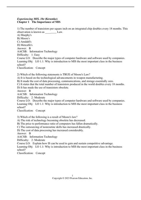 Test Bank Practice Questions Experiencing Mis Kroenke 10e
