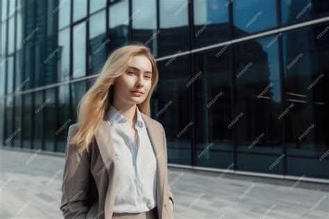 Premium Photo Young Shy Blonde Girl In Business Attire Standing In