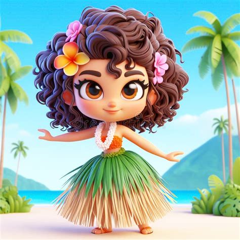 3d Funny Hawaiian Girl Cartoon With Traditional Flowers Adorning Her