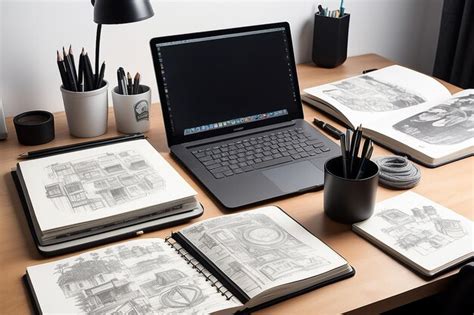 Premium Photo Monochrome Desk Setup Sketchbook Ready For Creativity