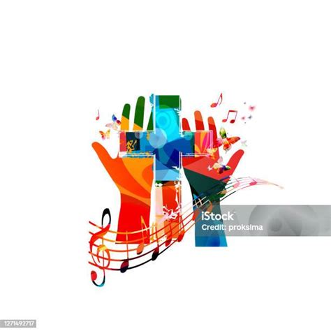 손과 음악 노트 고립 된 벡터 일러스트와 다채로운 기독교 십자가 종교는 배경을 테마로 했다 복음 교회 음악 합창단 노래 콘서트
