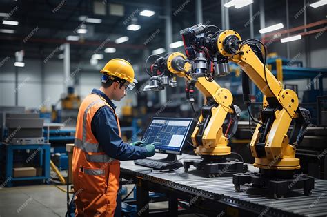 Premium Photo Engineer Manager Checking And Controling Automation Robot Arms Machine In