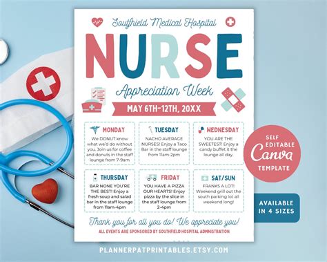 Editable Nurse Appreciation Week Itinerary Flyer Printable Canva