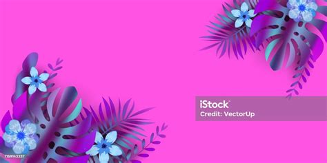 홀로그램 열대 식물 잎 배경 전단지 초대장 포스터 웹 사이트 또는 인사말 카드에 대한 이국적인 꽃 디자인여름 템플릿 벡터 일러스트레이션 분리 개성 개념에 대한 스톡 벡터