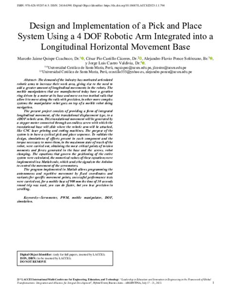 Pdf Design And Implementation Of A Pick And Place System Using A 4 Dof Robotic Arm Integrated