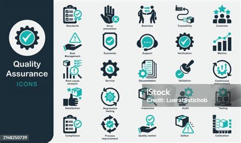 품질 보증 솔리드 아이콘 컬렉션 보증 지원 개선 개발 테스트 만족 검사 검증 검증 표준 결함 규정 준수 감사 메트릭 아이콘에 대한 스톡 벡터 아트 및 기타 이미지 Istock