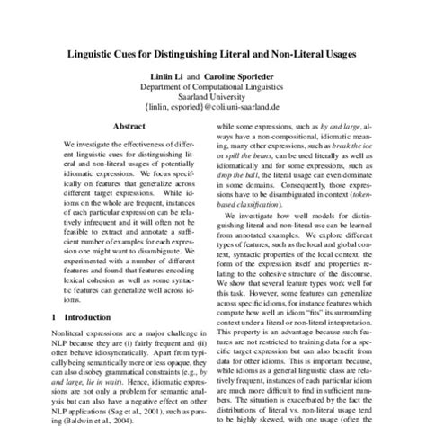 Linguistic Cues For Distinguishing Literal And Non Literal Usages Acl Anthology