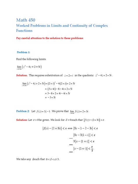 Worked Problems On Limits Continuity And Branches Of Complex Functions