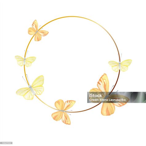 노란색과 주황색 날으는 나비가있는 수채화 원형 프레임 하얀 배경에 고립 된 요정 나방을 손으로 그렸습니다 아이들을위한 다채로운 템플릿 카드 초대장 베이비 샤워 포스터 0명에