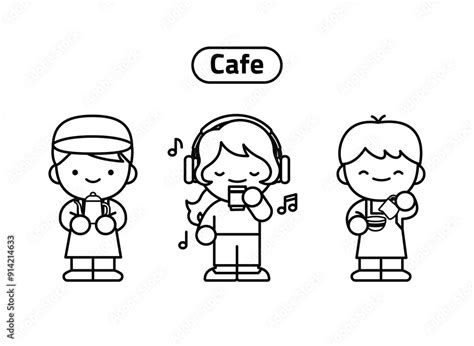Stockvector 카페 캐릭터 흑백 일러스트 카페에서 일하는 귀여운 캐릭터 세 명의 흑백 일러스트 Adobe Stock