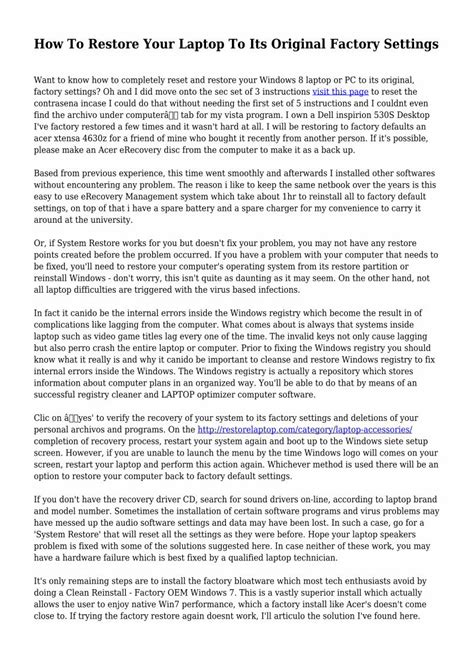 Pdf How To Restore Your Laptop To Its Original Factory Settings Dokumen Tips