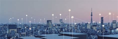 Urban Panorama With Digital Nodes Stretching Toward Sky Stock