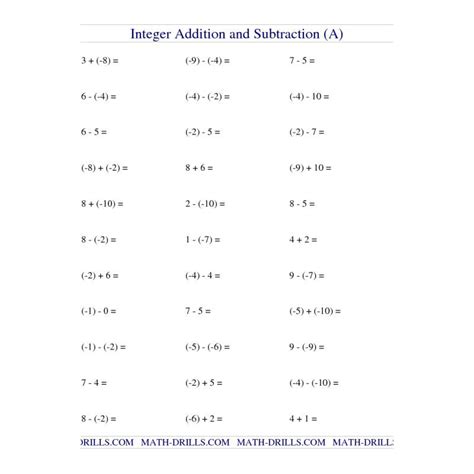 Free Printable 7th Grade Integer Worksheets Learning How To Read Subtraction Worksheets