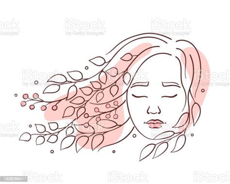 추상적인 여성 얼굴과 원반 도면의 식물 원소 미니멀리즘 스타일의 여성 현대 창조적 인 초상화 카드 포스터 브로셔 커버 포장에 대한 벡터 일러스트레이션 가리기에 대한 스톡