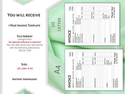 Invoice Template Google Docs With Separate Description Material Labor Printables For