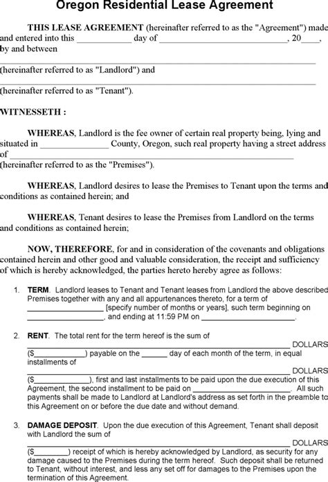 Free Oregon Residential Lease Agreement Template Doc 67kb 7 Pages
