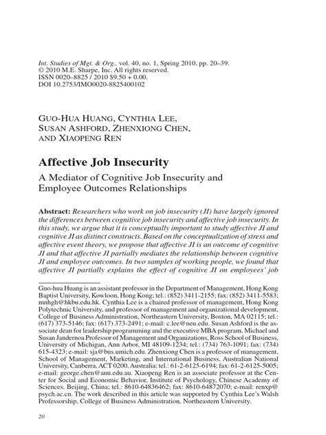 Affective Job Insecurity Scale 1 Pdf Affect Psychology Emotions