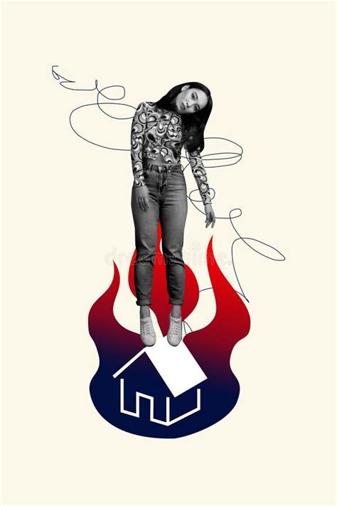 Vertical Contemporary Photo Collage Of Puzzled Girl Stand Burn Fire