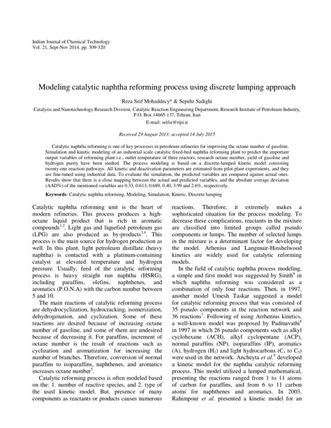 Pdf Modeling Catalytic Naphtha Reforming Process Using Discrete Lumping Approach