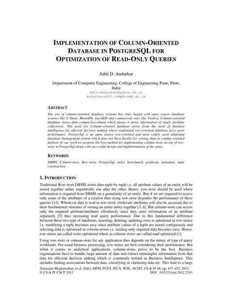 Pdf Implementation Of Column Oriented Database In Postgresql For Optimization Of Read Only Queries