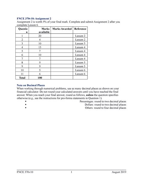 FNCE V Assign FNCE V Assignment Assignment Is Worth Of Your Final Mark