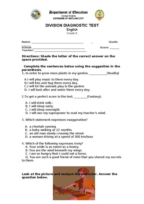 Test Questions Diagnostic 1 Division Diagnostic Test English Grade