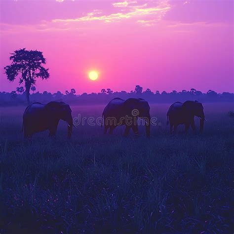 Three Majestic Elephants Silhouette Against A Vibrant Purple Sunset
