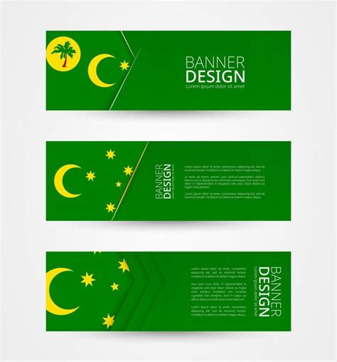 코코스 제도의 국기가 있는 3개의 수평 배너 세트 코코스 제도 국기 색상의 웹 배너 디자인 템플릿 프리미엄 벡터