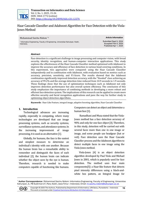 Pdf Haar Cascade Classifier And Adaboost Algorithm For Face Detection