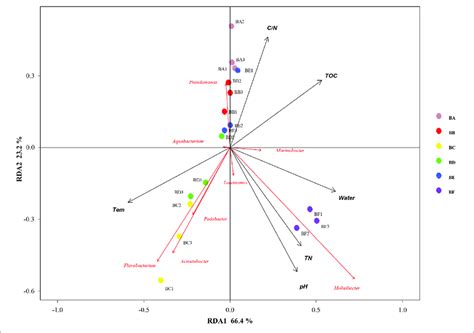 bi plot from the redundancy analysis rda that shows the