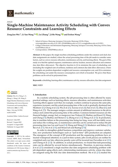 Pdf Single Machine Maintenance Activity Scheduling With Convex Resource Constraints And
