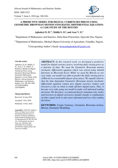 Pdf A Predictive Model For Digital Currencies Prices Using Geometric Brownian Motion