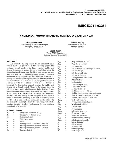 Pdf Imece2011 63264 A Nonlinear Automatic Landing Control System For A Uav
