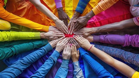 A Diverse Group Of People Holding Hands In A Circle With A Vibrant Rainbow Flag In The Center