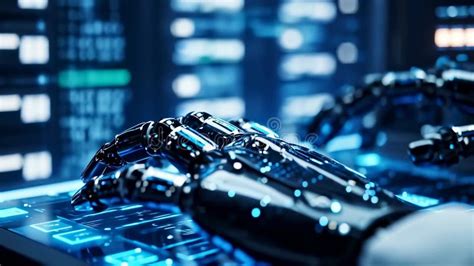 Close Up Of Glossy Black Robotic Hands Typing On A Futuristic Blue Glowing Keyboard In A High