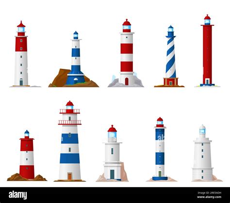Sea Lighthouse Isolated Vector Icons Of Nautical Navigation Design Beacon Tower Building With