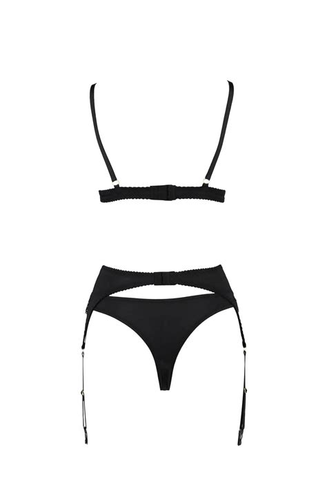 Black Satin And Gold Lace Bra Suspender Belt Set Lingerie Seduction