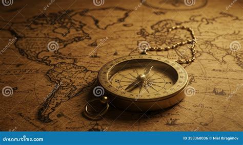 Vintage Compass On Antique World Map Navigational Journey And