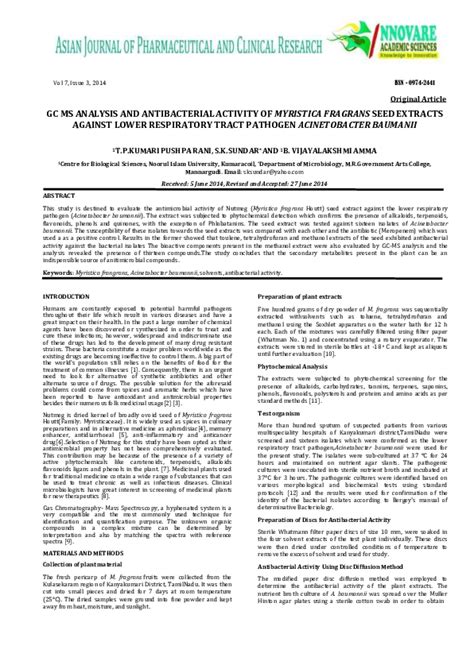 Pdf Gc Ms Analysis And Antibacterial Activity Of Myristica Fragrans Seed Extracts Against