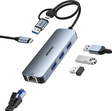 Benfei Usb C Usb 3 0 To Gigabit Ethernet Adapter 3 Port Usb 3 0 Hub With Rj45