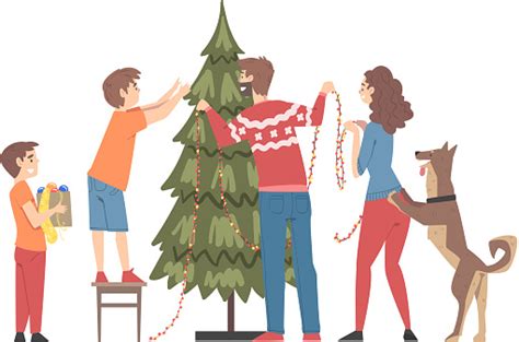 바블과 갈랜드 부모 아이들과 개와 크리스마스 트리를 장식 하는 가족 휴가 축 하 메리 크리스마스와 새해 만화 스타일 벡터 일러스트 개에 대한 스톡 벡터 아트 및 기타 이미지