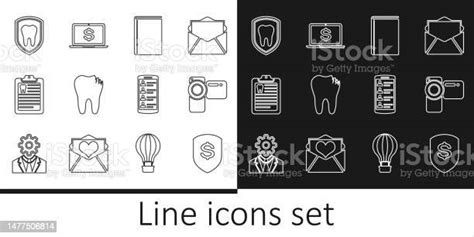 세트 라인 방패와 달러 시네마 카메라 책 부러진 치아 치과 카드가있는 클립 보드 치과 보호 스마트 폰 연락처 및 노트북 아이콘 벡터 개념에 대한 스톡 벡터 아트 및 기타